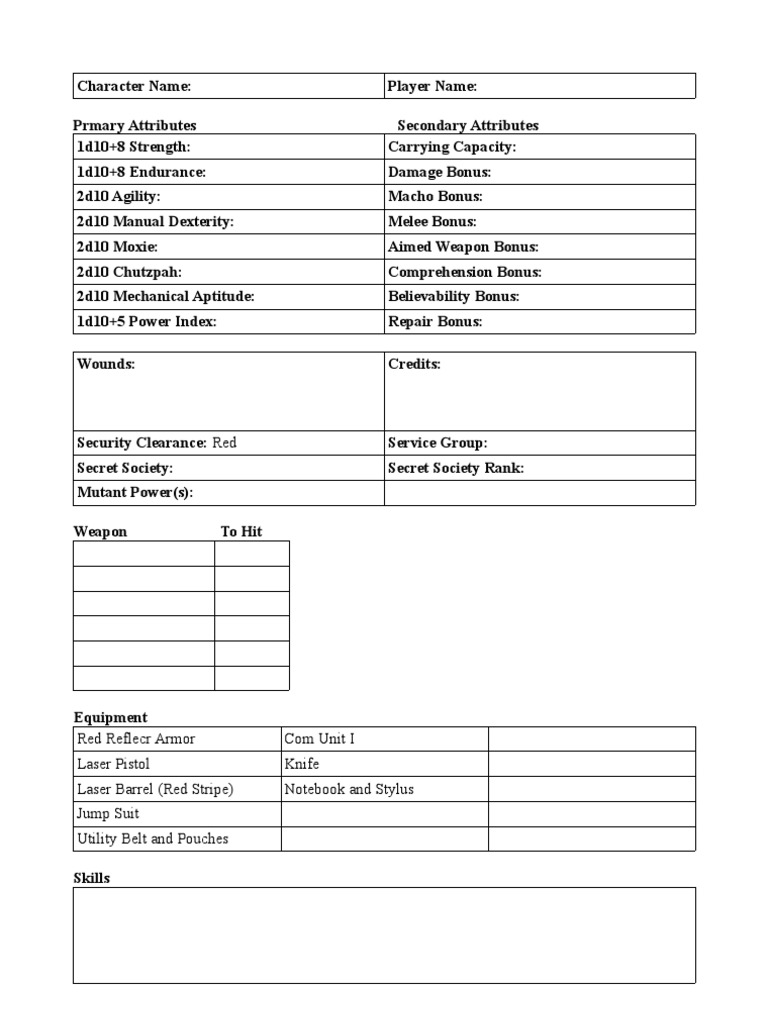 Paranoia Character Sheet | PDF