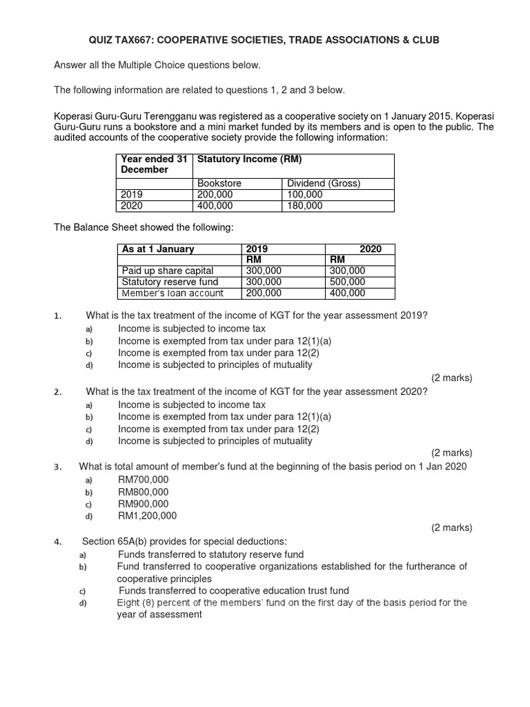 Quiz TAX667 - Cooperative Society, Trade Associations & Club | PDF ...