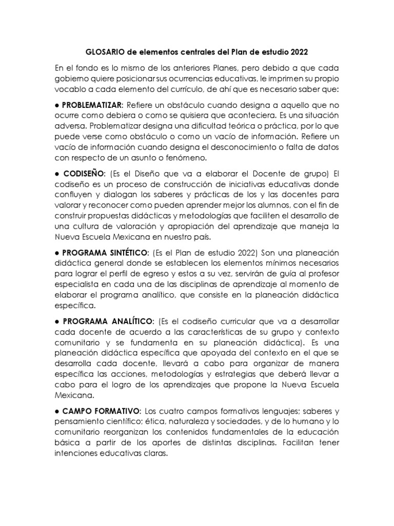 GLOSARIO de Elementos Centrales Del Plan de Estudio 2022 | PDF ...