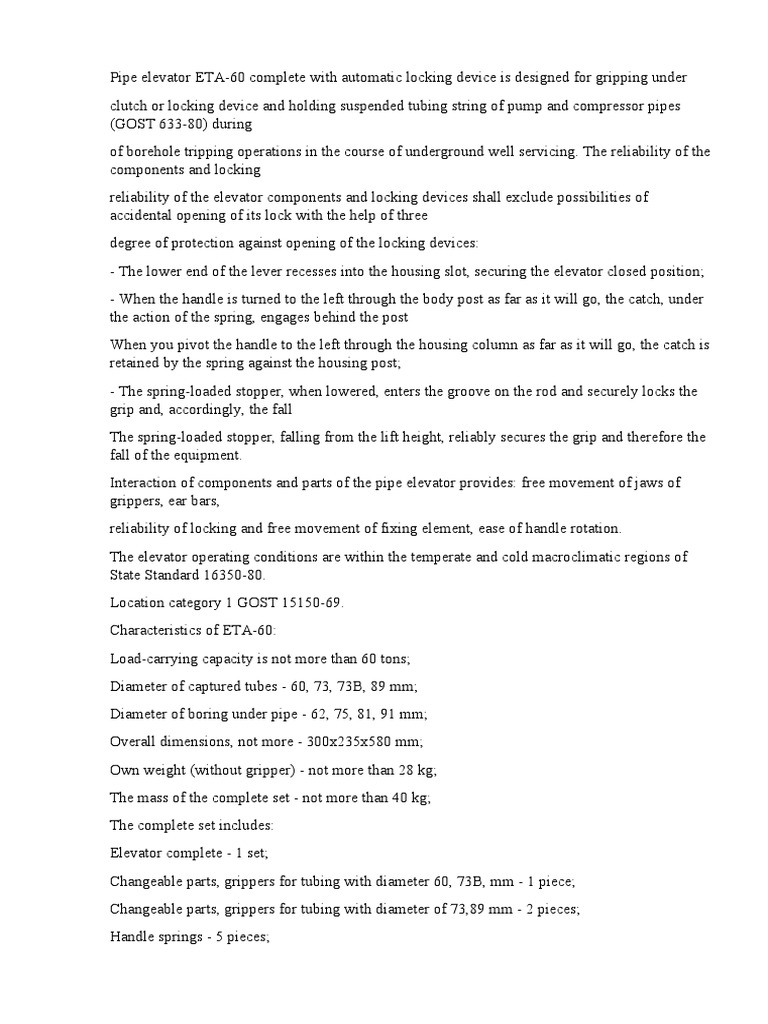 ETA-60 Pipe Elevator Specifications | PDF | Elevator | Pipe (Fluid ...