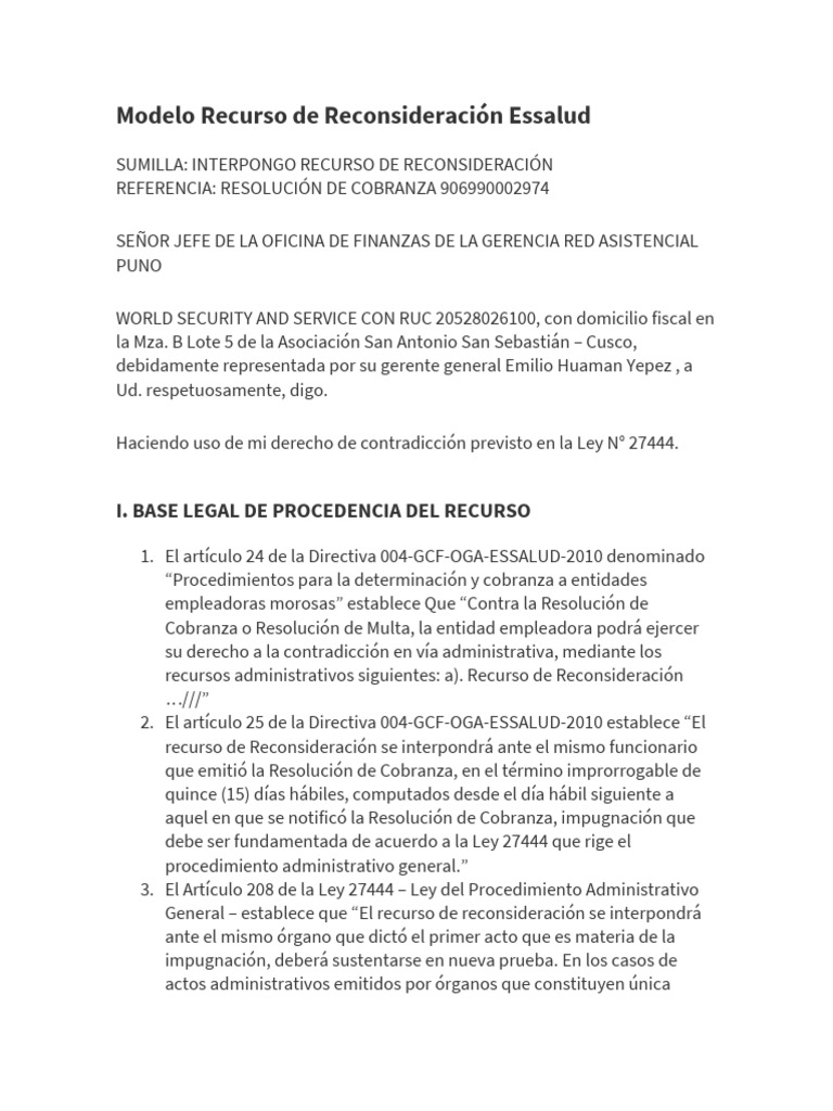 Modelo Recurso de Reconsideracion Essalud | PDF | Gobierno | Justicia
