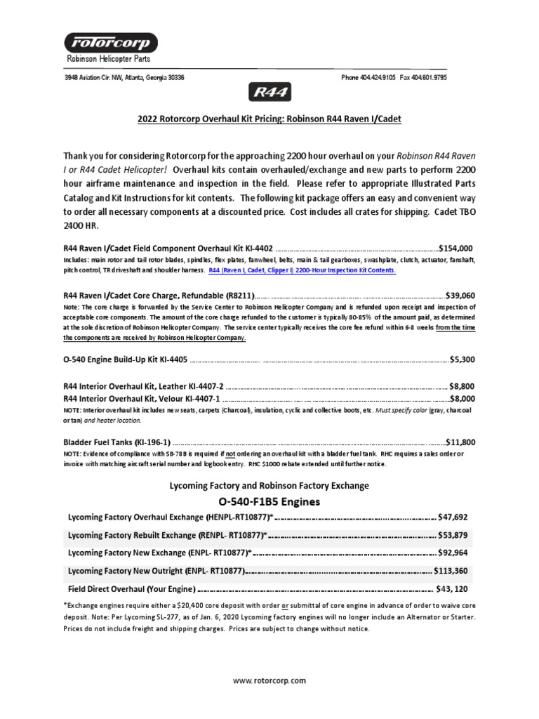 R44 Overhaul Kit Pricing Overview | PDF | Helicopter | Manufactured Goods