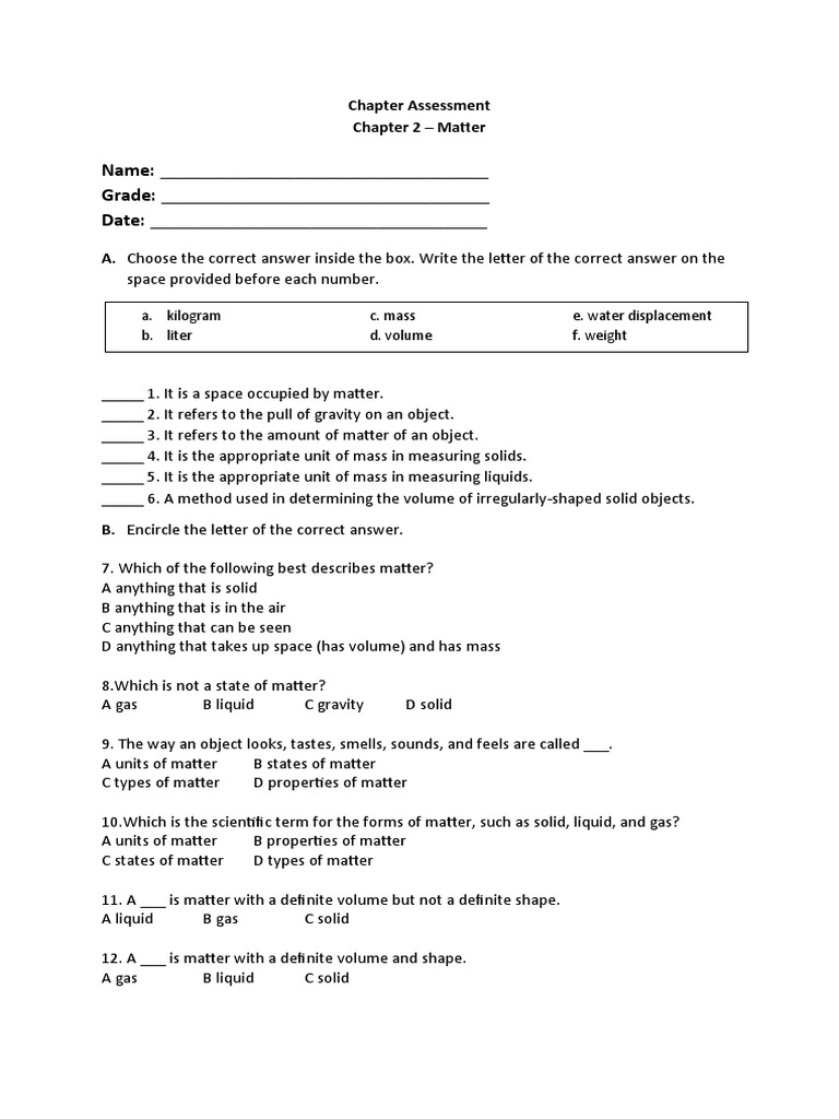Grade 3 Chapter 2-Matter Chapter Assessment | Download Free PDF ...