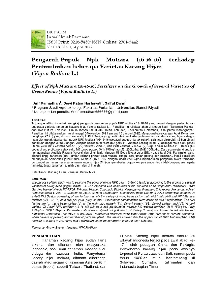 Pengaruh Pupuk NPK Mutiara (16-16-16) Terhadap Pertumbuhan Beberapa Varietas Kacang Hijau (Vigna ...