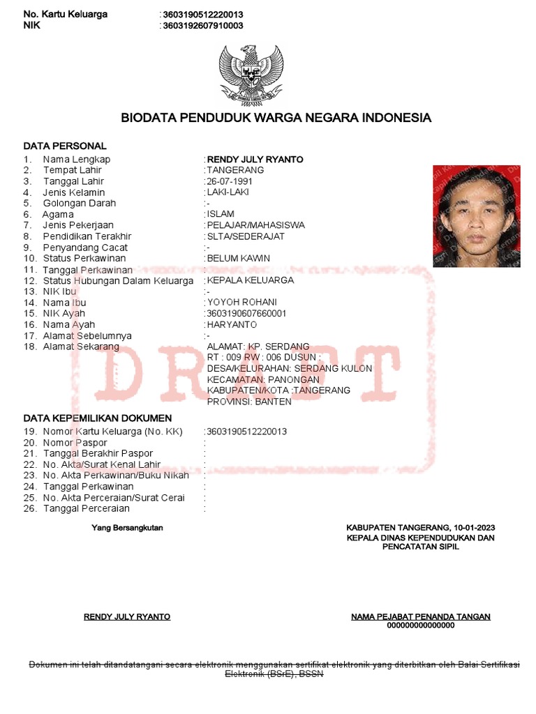 Biodata Penduduk Warga Negara Indonesia | PDF