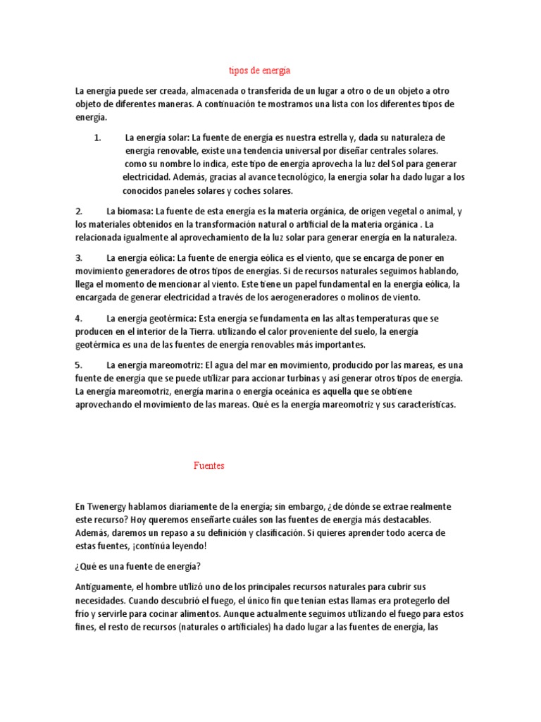 Tipos de Energía Tarea de Fisica Fundamental | PDF | Uso eficiente de ...