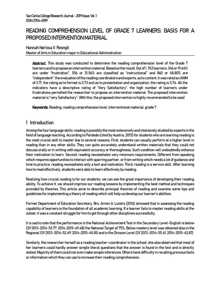 San Carlos College Research Journal explores reading comprehension | PDF | Reading Comprehension ...