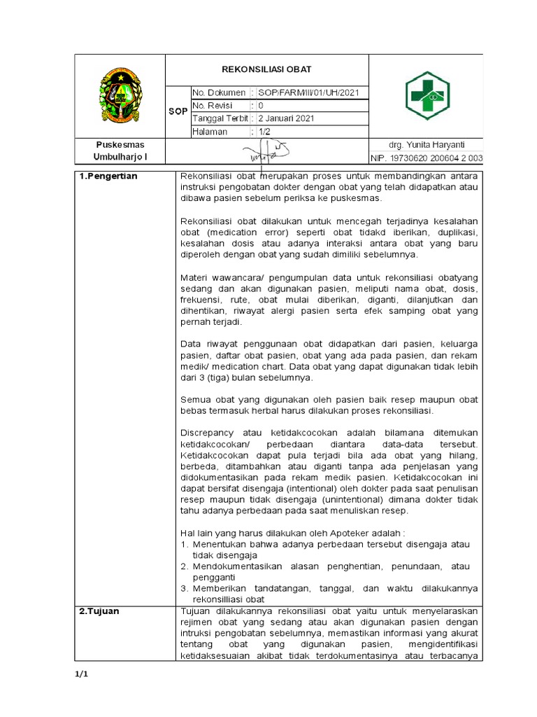 3.1.1 SOP-01 Rekonsiliasi Obat 2021 | PDF