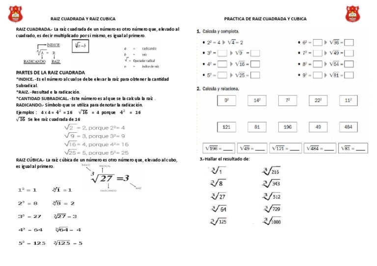 Practica Raiz Cuadrada y Raiz Cubica | PDF | Métodos y materiales de ...