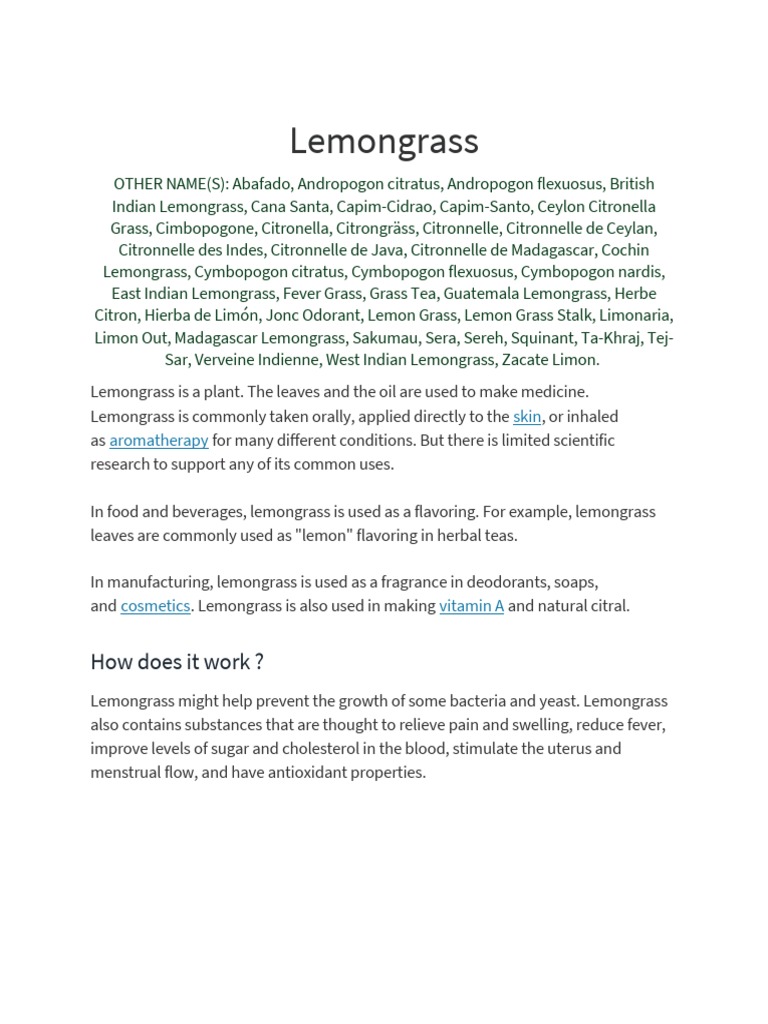 Lemongrass: How Does It Work ? | PDF | Candidiasis | Health Care