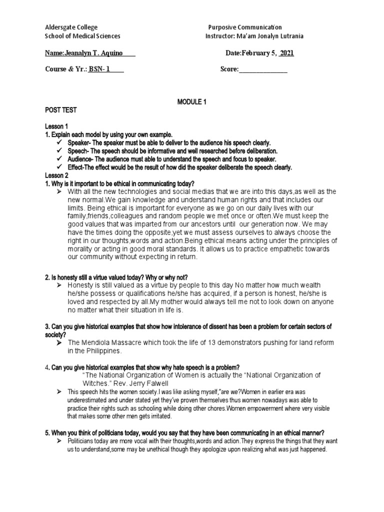 Purposive Communication - Post Test | PDF | English Language | Thought