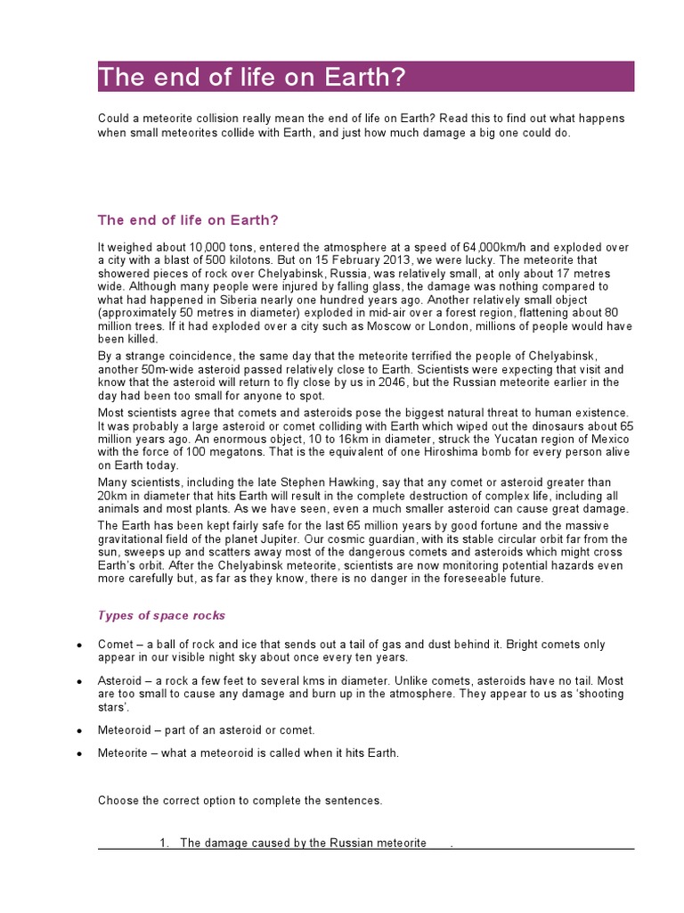 The End of Life On Earth - Reading B2 | PDF | Asteroid | Comet