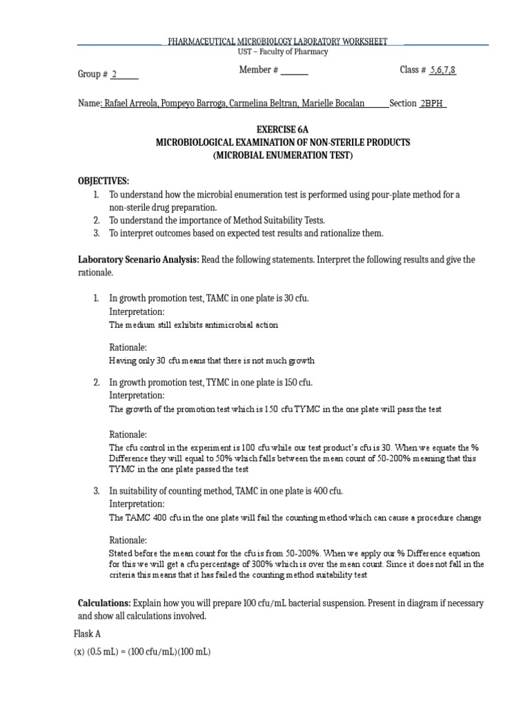 LABORATORY ACTIVITY SHEET - EXERCISE 6A and 6B - MICROBIOLOGICAL ... LABORATORY ACTIVITY SHEET - EXERCISE 6A and 6B - MICROBIOLOGICAL ...