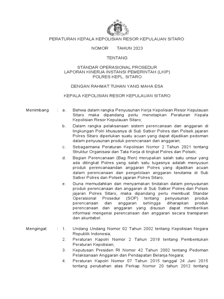 Peraturan & Sop Lkip Bag Ren Res Sitaro | PDF