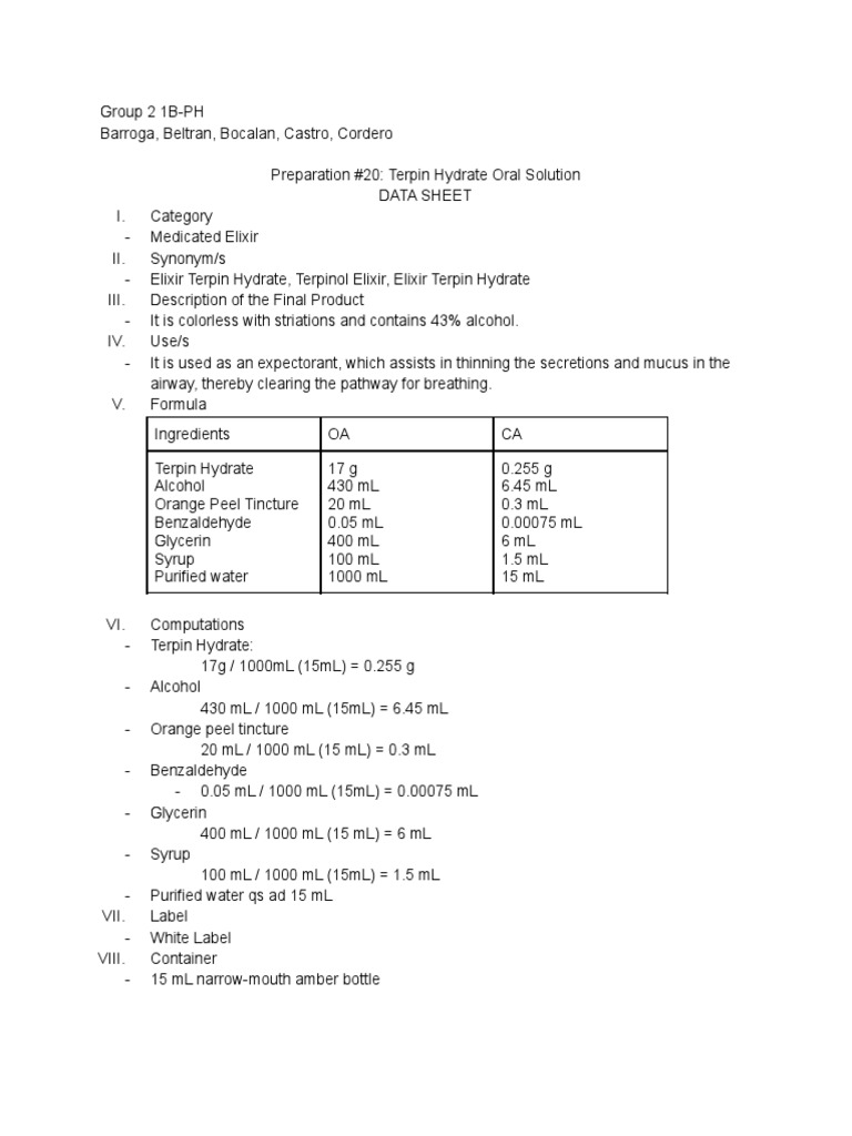 Preparation #20 - Terpin Hydrate Oral Solution | PDF | Glycerol | Sugar ...