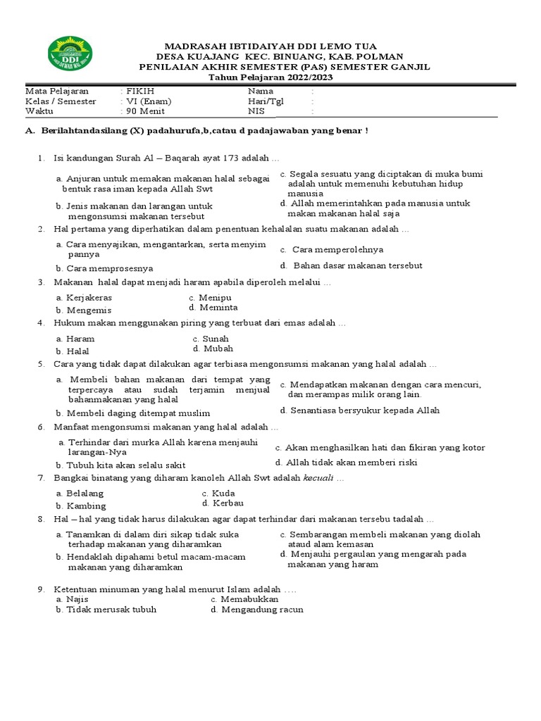 Soal Fikih Semester 1 Kelas 6 | PDF