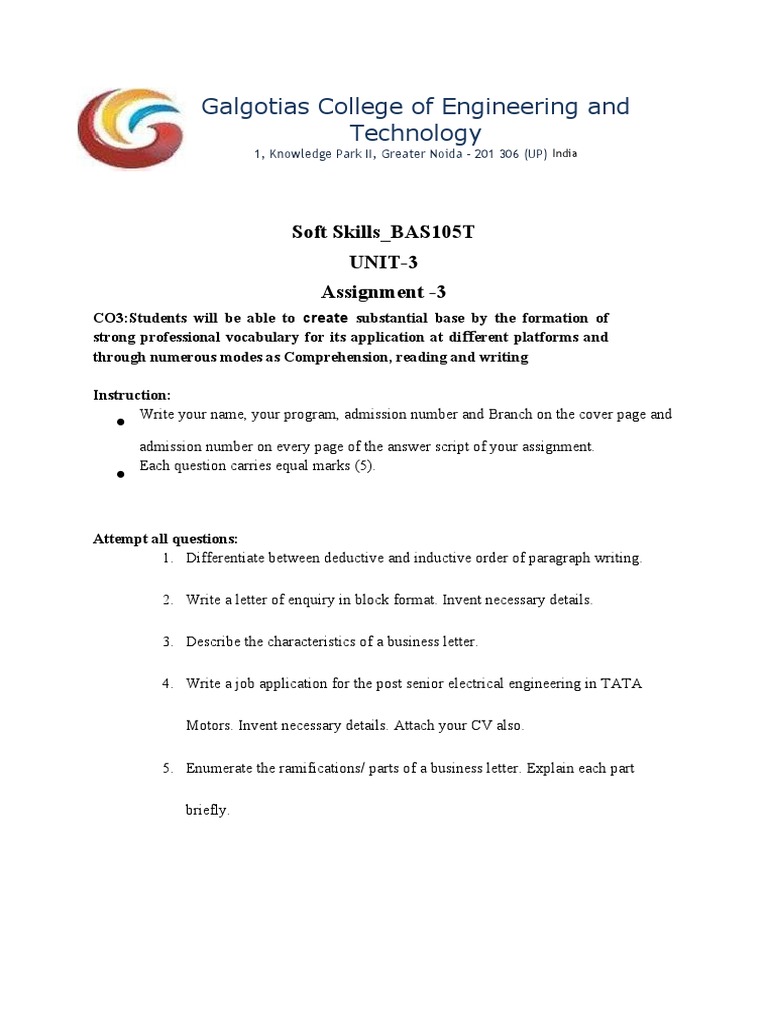 Soft Skills - BAS105T - Assignment - 3 - Unit-3 | PDF