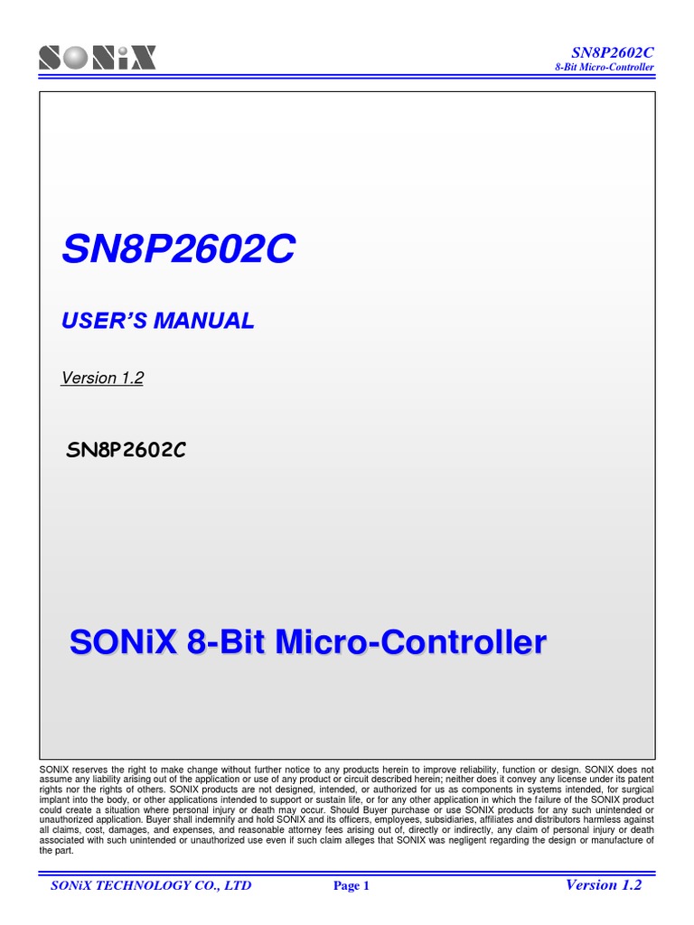 SN8P2602C 8-Bit Microcontroller Manual | PDF | Microcontroller | Integrated Circuit