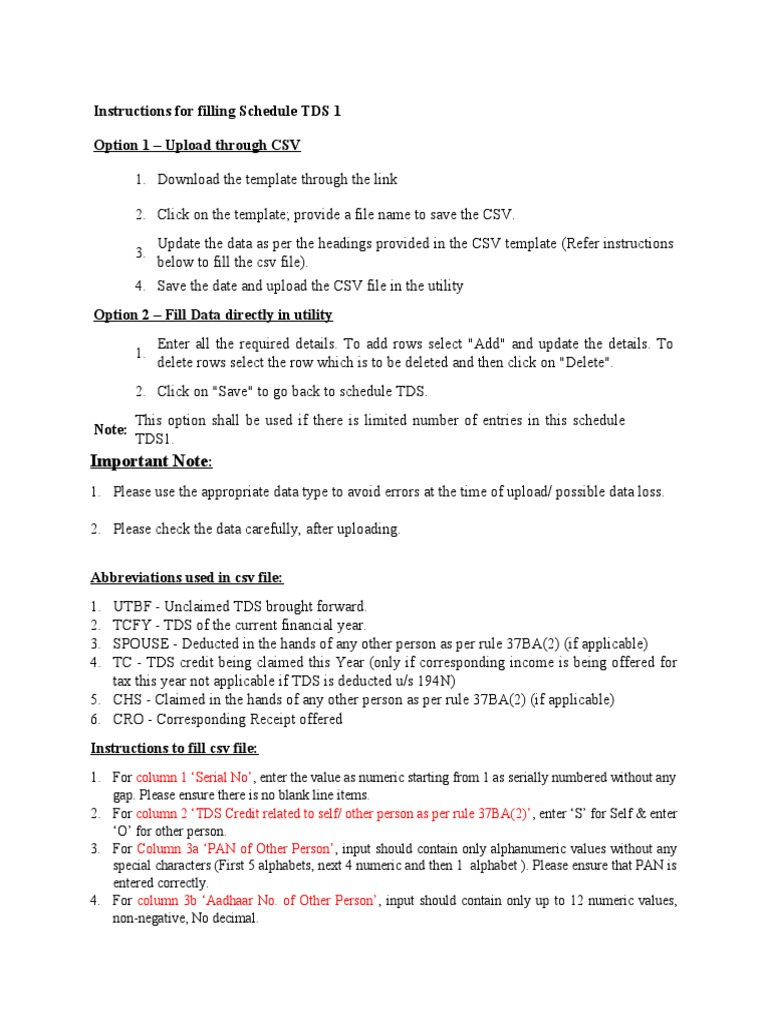 Filling Instructions for Schedule TDS 1 | PDF | Comma Separated Values ...