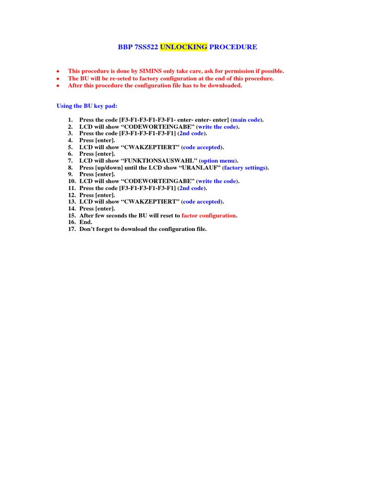 BBP 7SS522 Reset Instructions | PDF