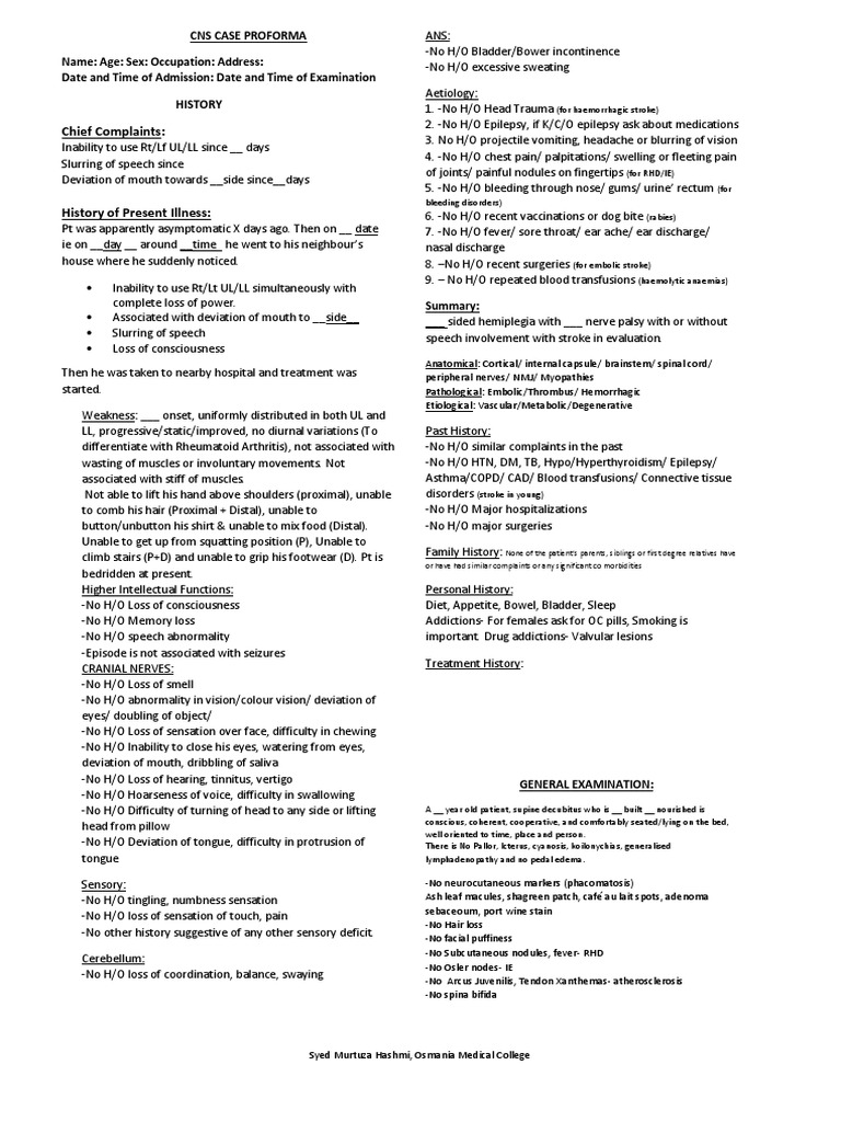 CNS case proforma for stroke evaluation | PDF | Somatosensory System | Nervous System