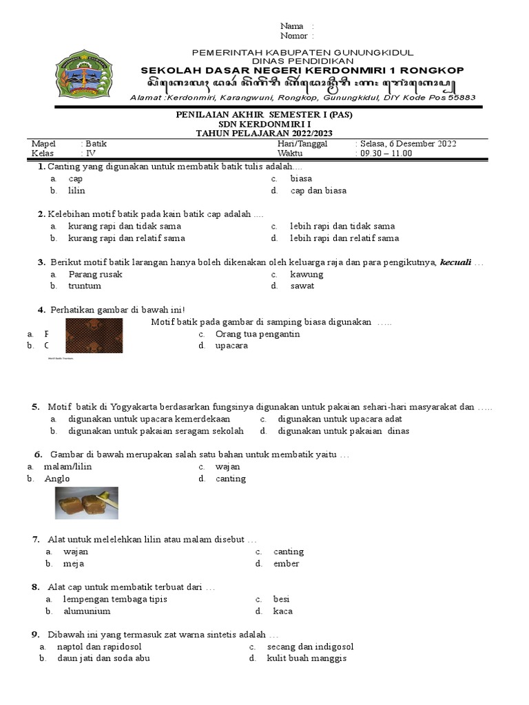 Soal Pas Batik Smster 1 | PDF