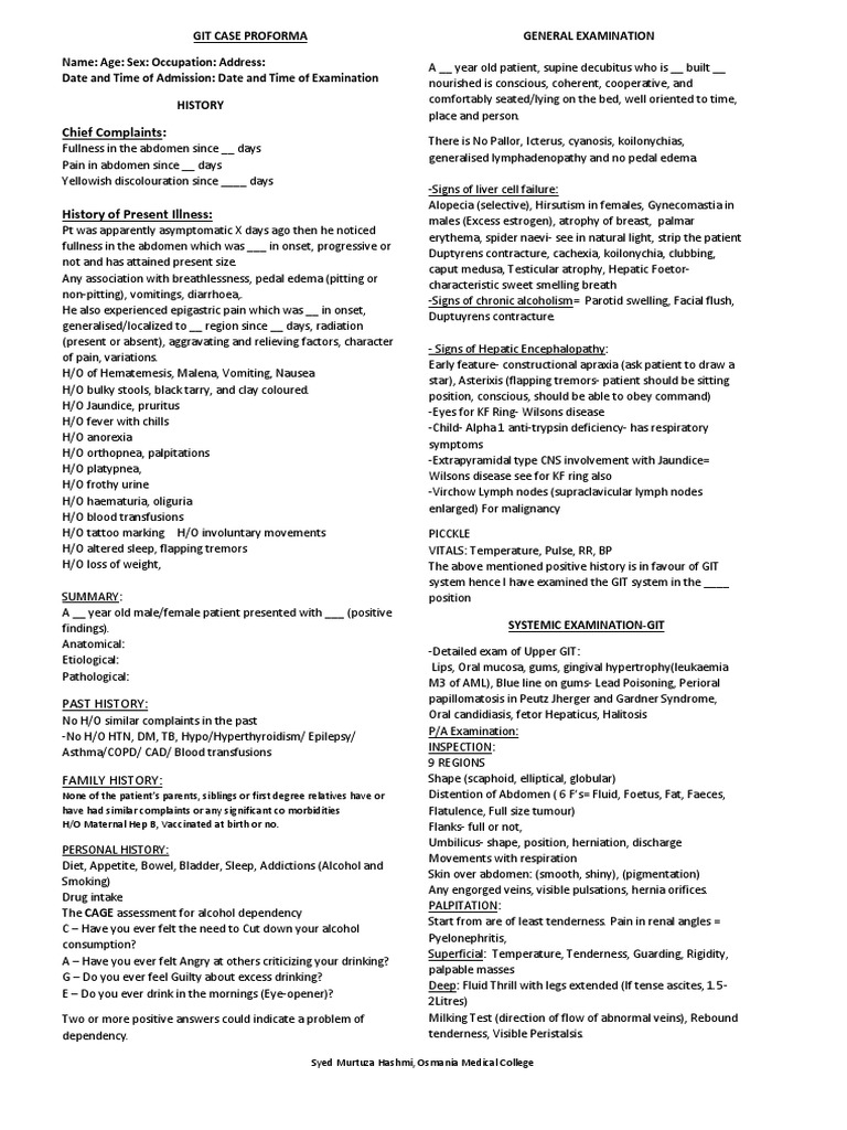 GIT Case Proforma | PDF | Medical Specialties | Diseases And Disorders
