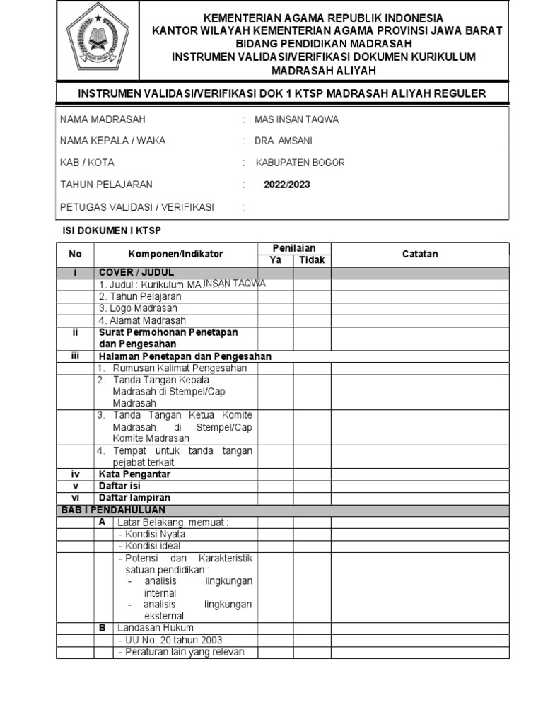 Instrumen Validasi-Verifikasi Dokumen Kurikulum Madrasah Aliyah 2022 | PDF