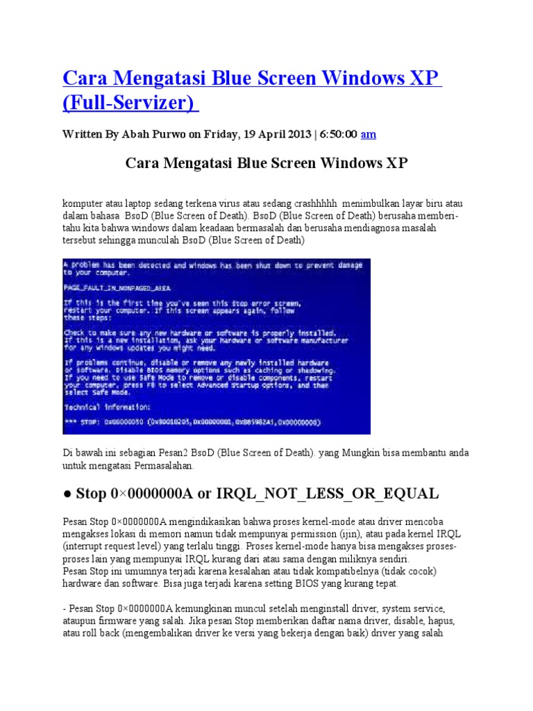 Cara Mengatasi Blue Screen Windows XP | PDF