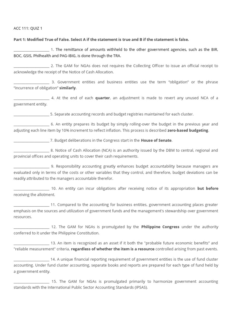 Accounting Government Quiz Answer Key | PDF | Financial Statement | Budget