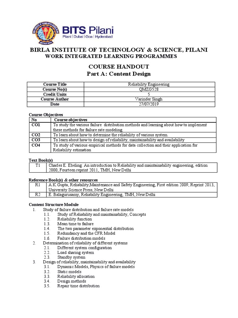 Course Handout | PDF | Reliability Engineering