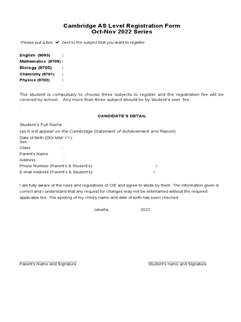 Camb Exam Entry Form (AS Levels) | PDF