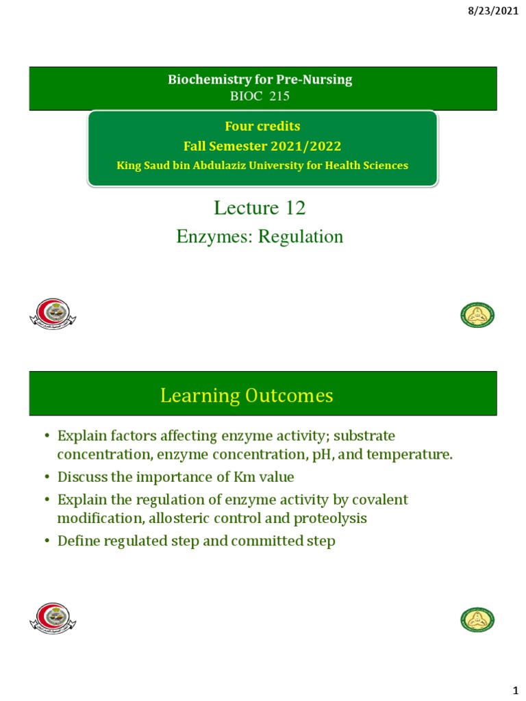 BIOC 215 Lecture 12-Enzyme Regulation | PDF | Enzyme | Enzyme Kinetics