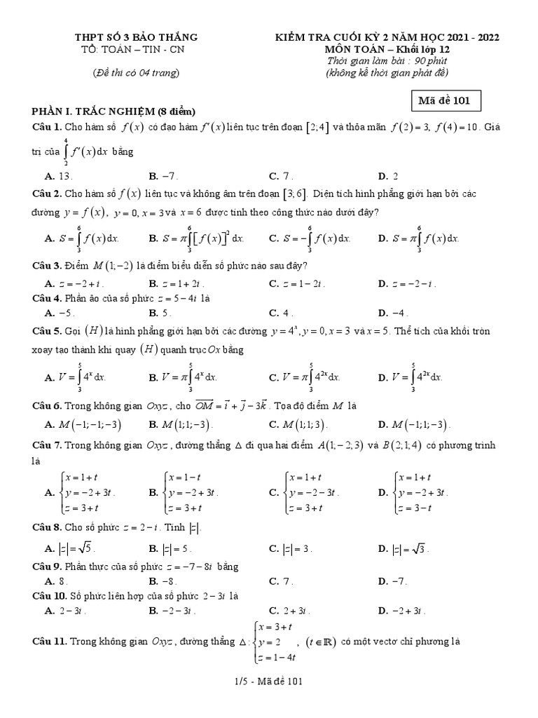 De Cuoi Ky 2 Toan 12 Nam 2021 2022 Truong THPT Bao Thang 3 Lao Cai | PDF