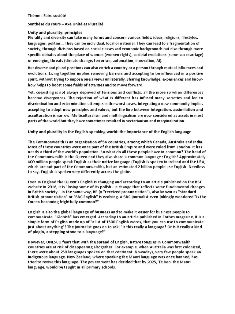 Synthèse de L Axe 1 Unité Et Pluralité | PDF | English Language | Multiculturalism