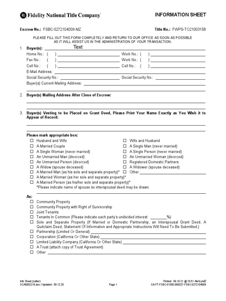 Info Sheet Letter - Buyer | PDF | Concurrent Estate | Private Law