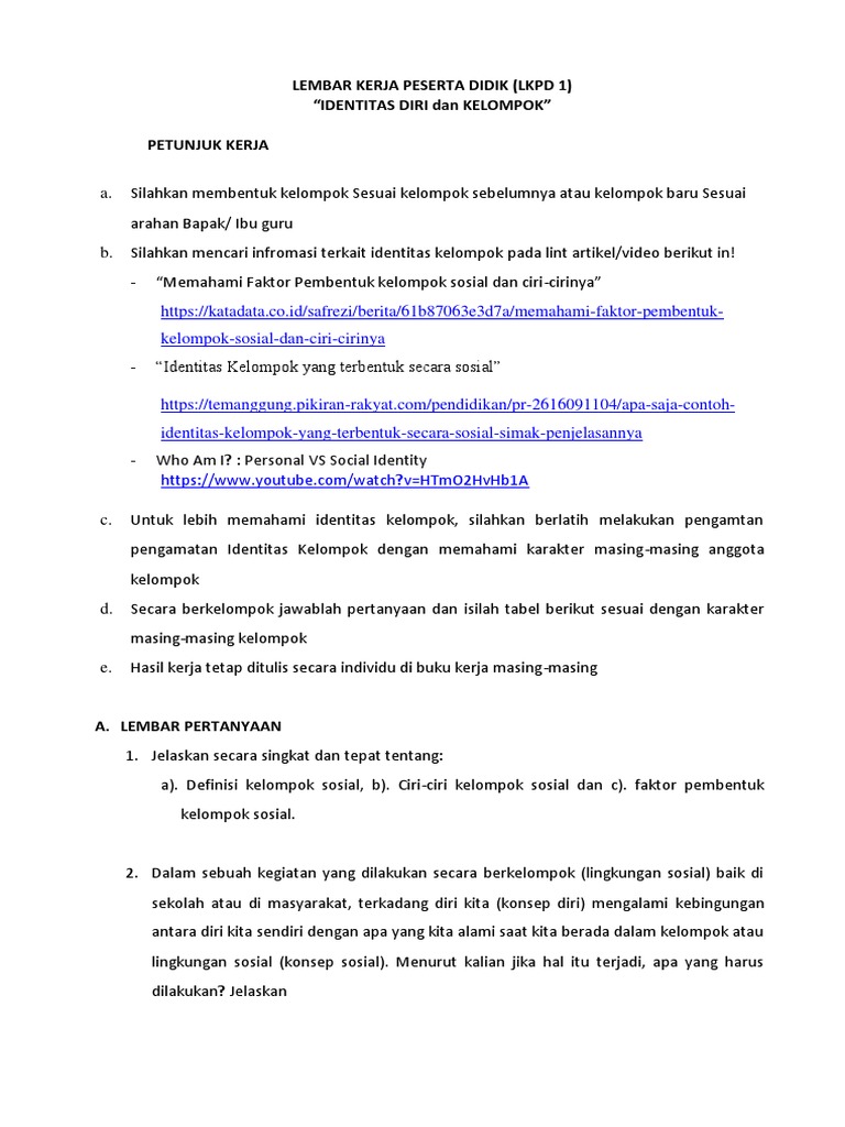 Lembar Kerja Peserta Didik (LKPD 1) "Identitas Diri Dan Kelompok" Petunjuk Kerja | PDF