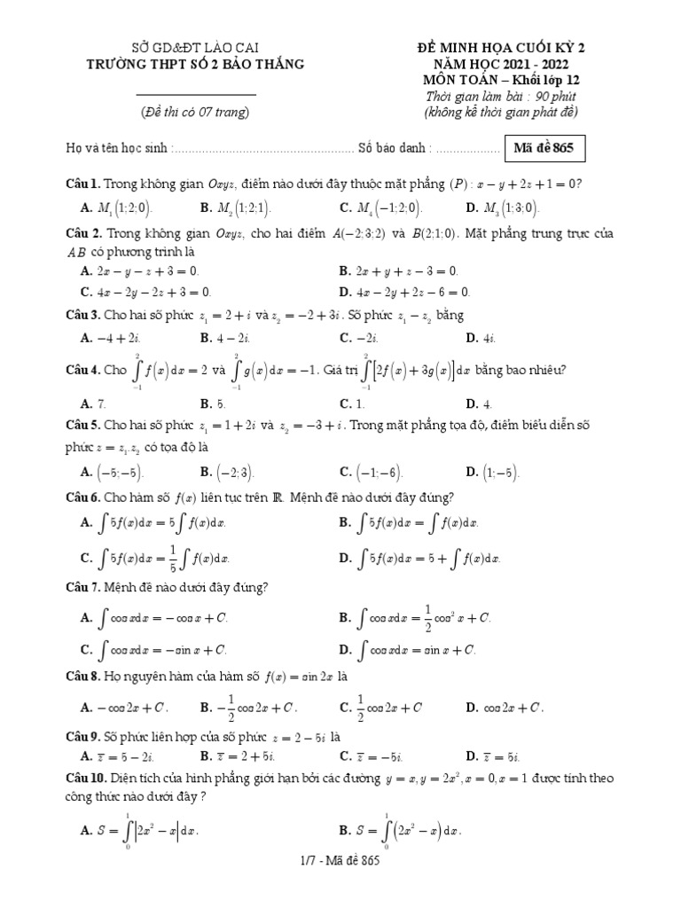 De Minh Hoa Cuoi Ky 2 Toan 12 Nam 2021 2022 Truong THPT Bao Thang 2 Lao Cai | PDF