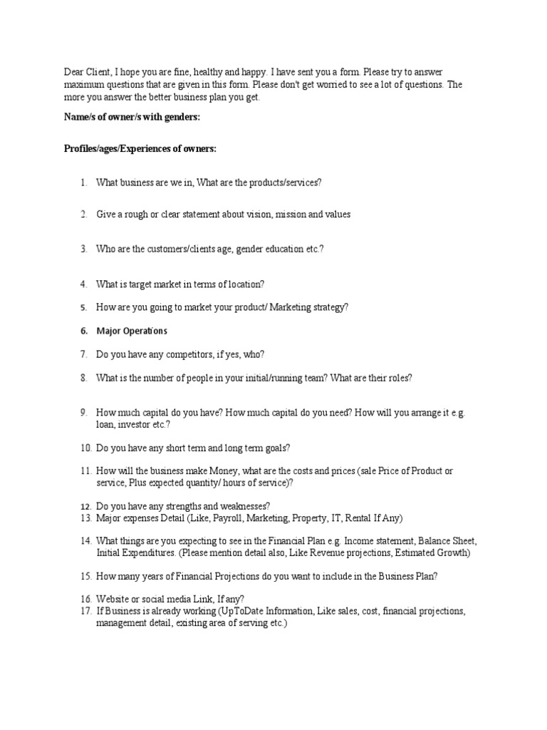 Questionnaire (For Business Plan) | PDF