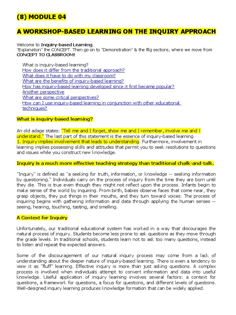 MODULE 04 - A WKSP-BASED LEARNING ON IBL APPROACH 6pp | PDF | Inquiry Based Learning | Expert
