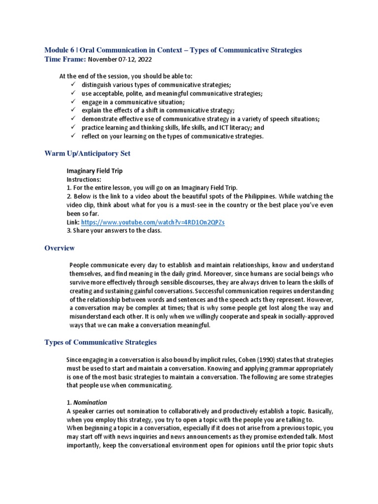 Module 6 Types of Communicative Strategies 1 | PDF | Conversation ...