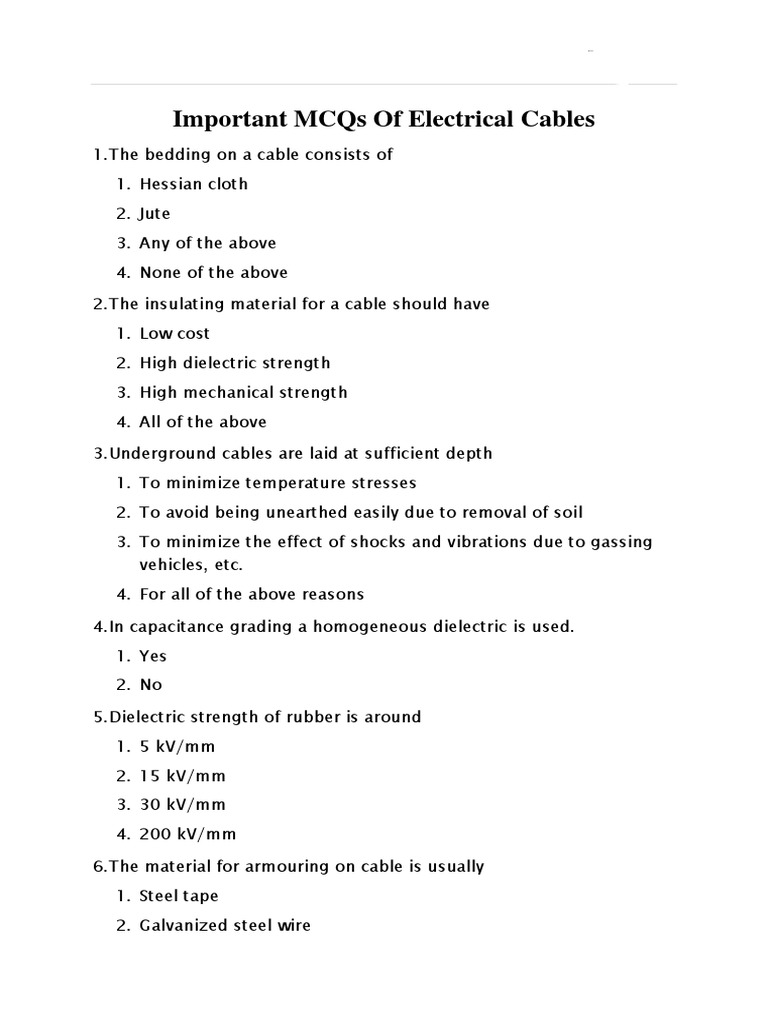 Important MCQs On Electrical Cable Insulation | PDF | Insulator ...