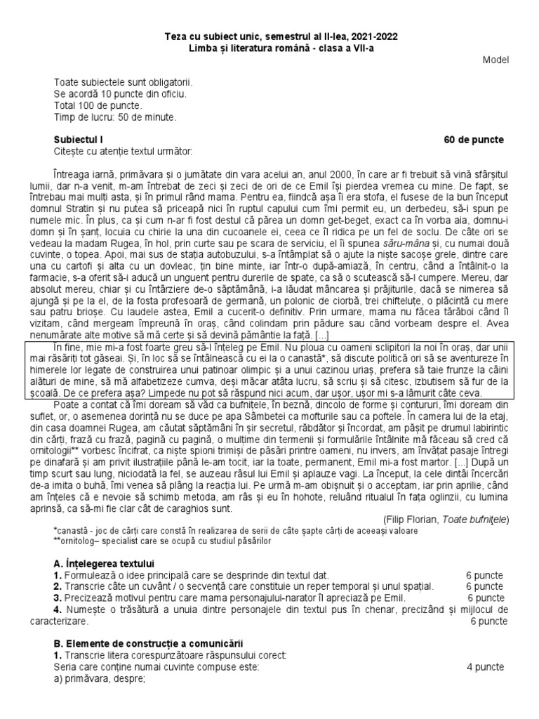 Model Teza Clasa A VIIa | PDF