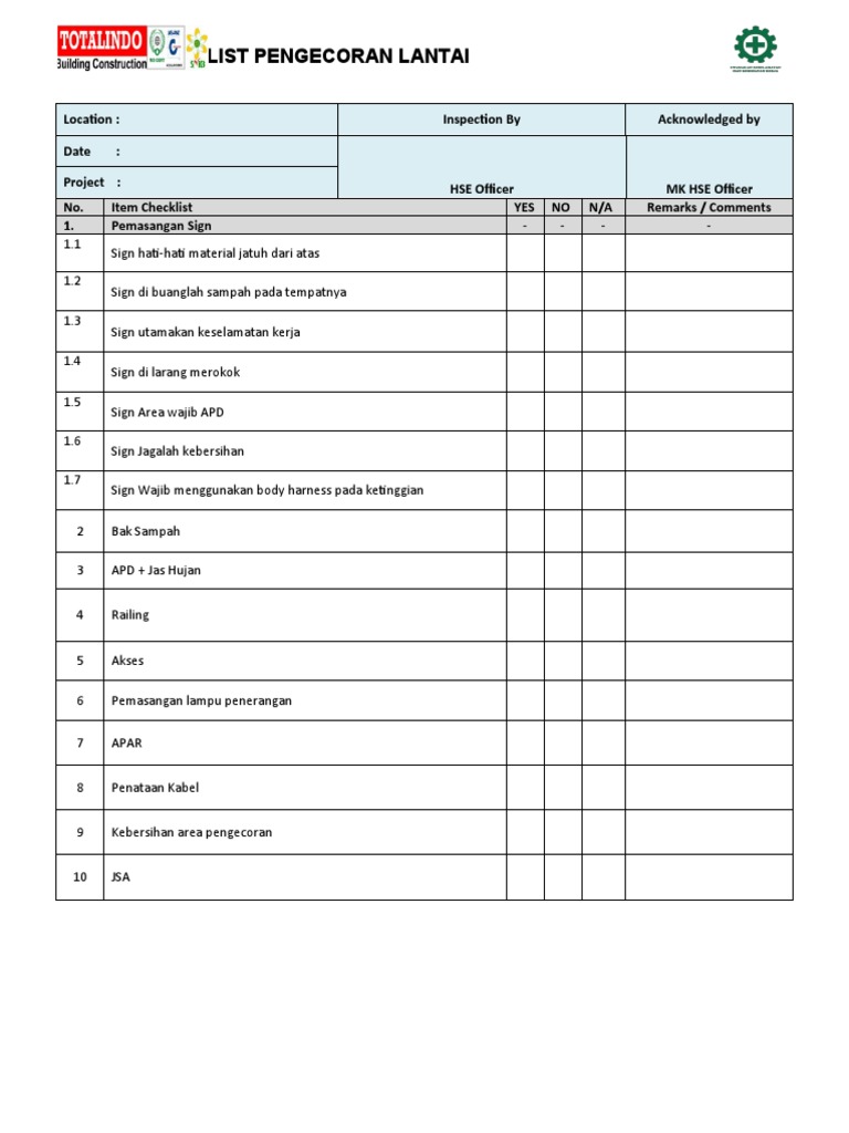 Checklist Pengecoran LANTAI | PDF