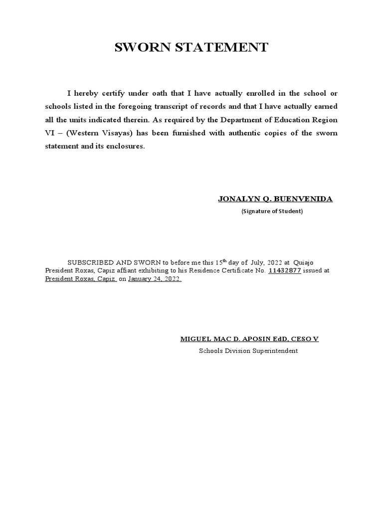 Sworn Statement | PDF | Wellness