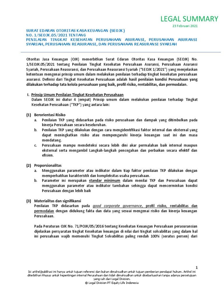 Legal Division - Legal Summary SEOJK 1 Tahun 2021 Tentang Penilaian ...
