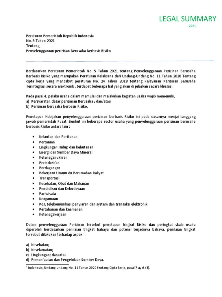 Legal Summary PP No. 5 Tahun 2021 Tentang Penyelenggaraan Perizinan ...