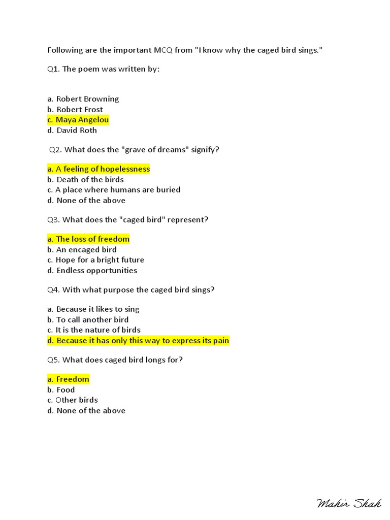Answers - MCQs - Caged Bird | PDF