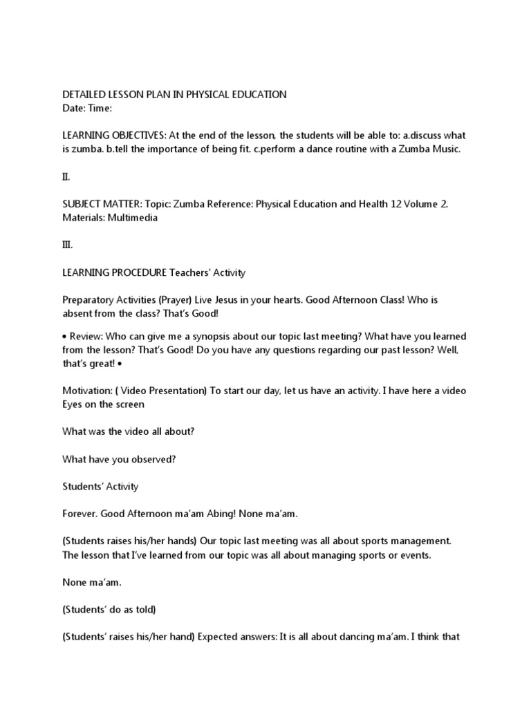 Zumba Lesson Plan for Physical Education | PDF