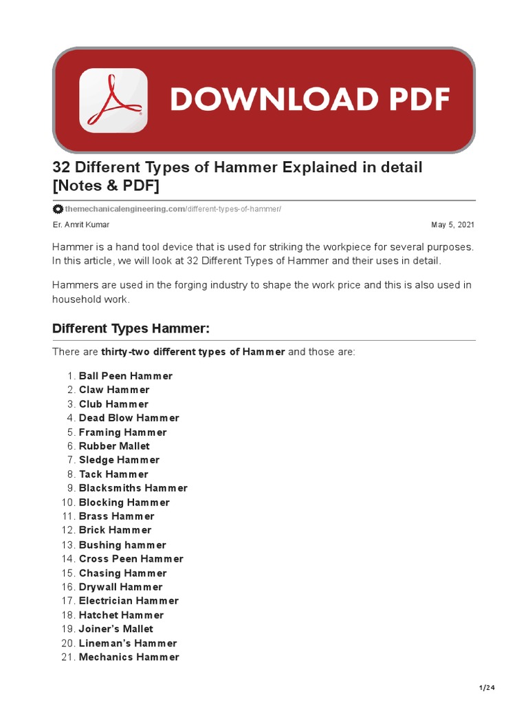 32 Different Types of Hammer Explained in Detail Notes PDF | PDF ...